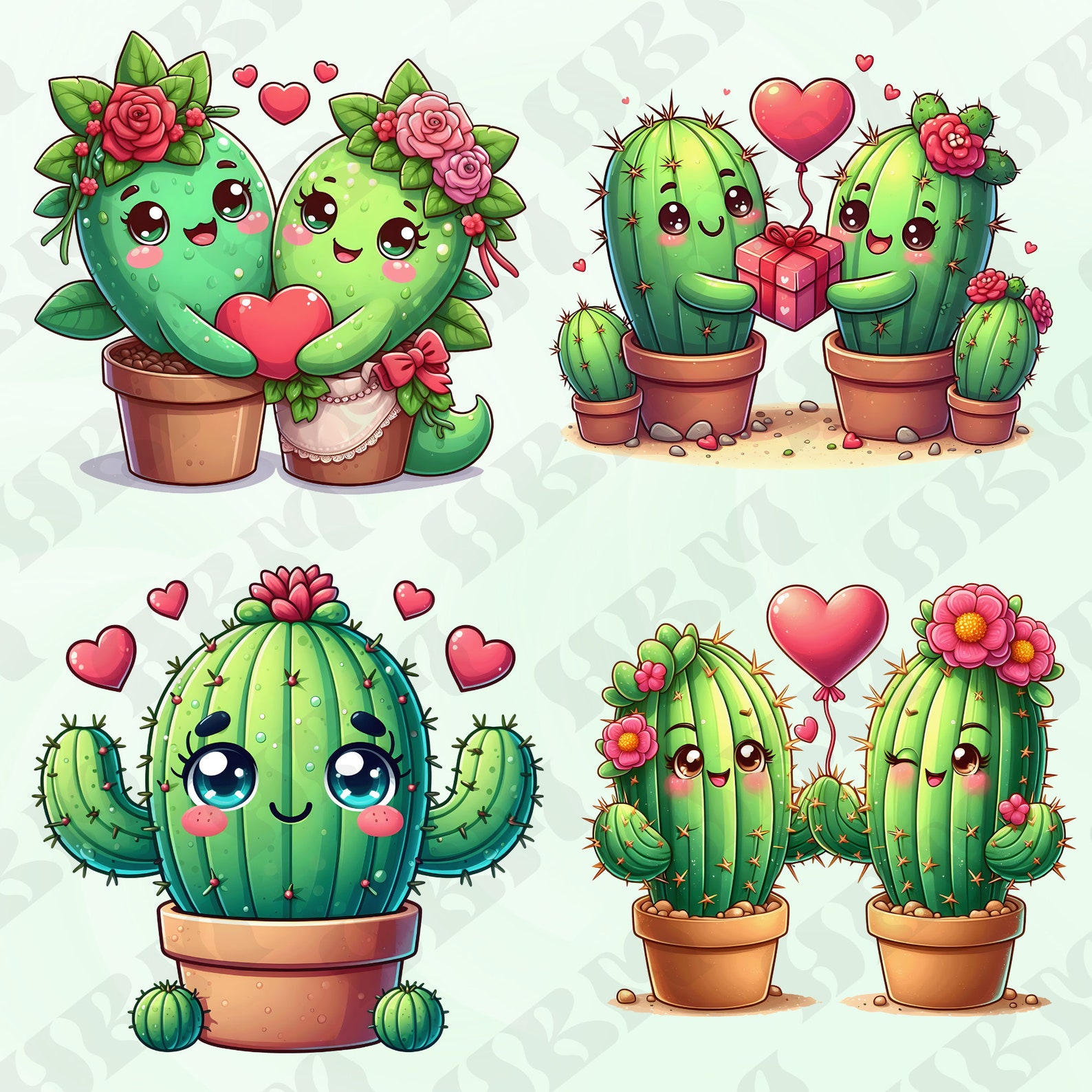 24 Cute Valentines Day Cactus Clipart Bundle, Cacti Card Making, Plant ...