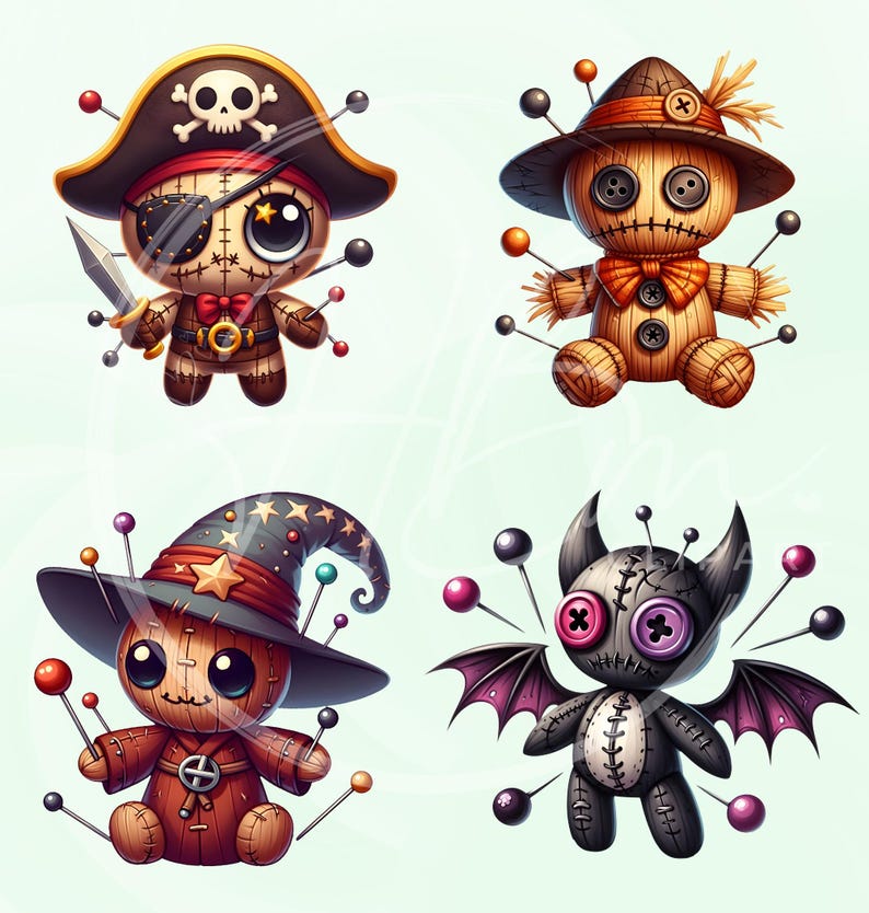 Cute Kawaii Voodoo Doll Clipart Bundle, Colorful Halloween PNG ...
