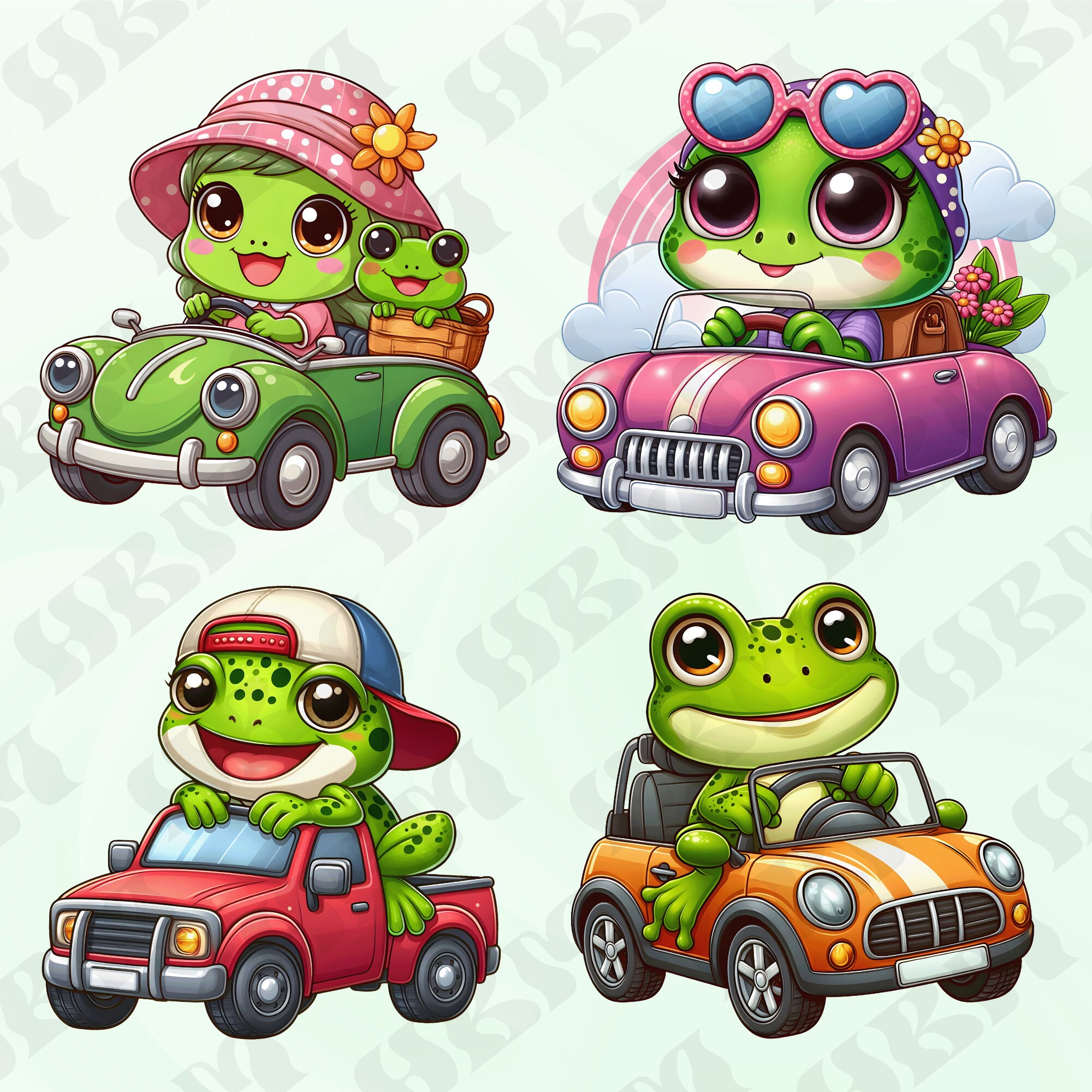 24 Cute Frogs Driving Cars Clipart Bundle, Tadpole Stickers, Adorable ...