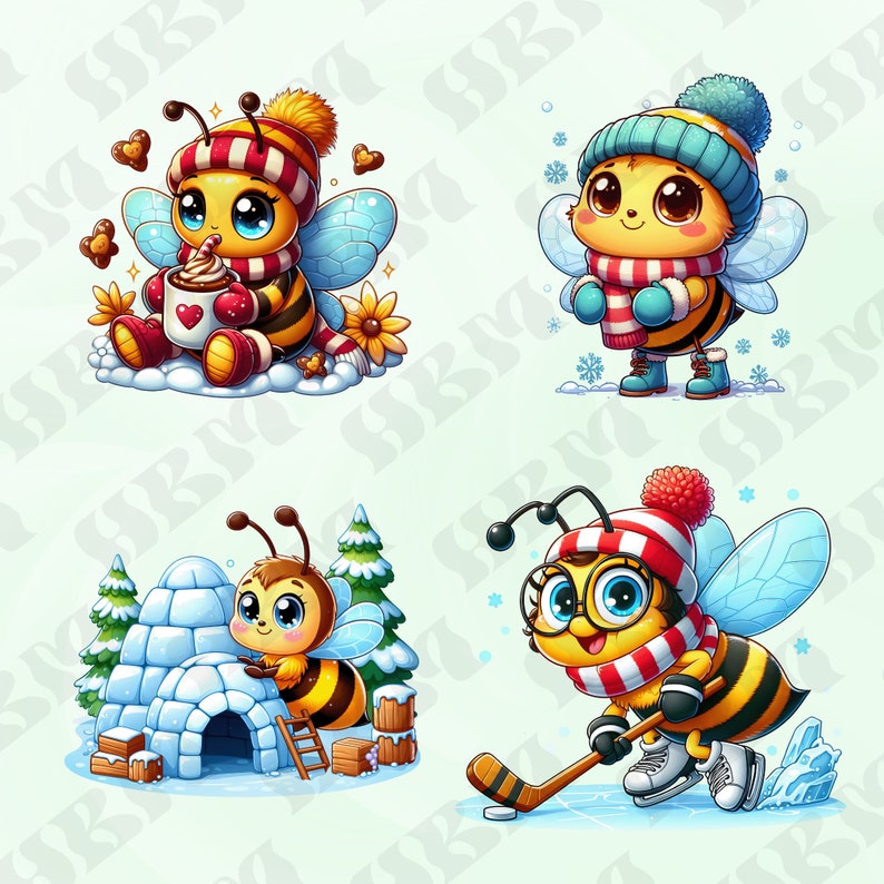Cute Cartoon Winter Bees Clipart Bundle, Snow Nursery Decor, Cozy Baby ...