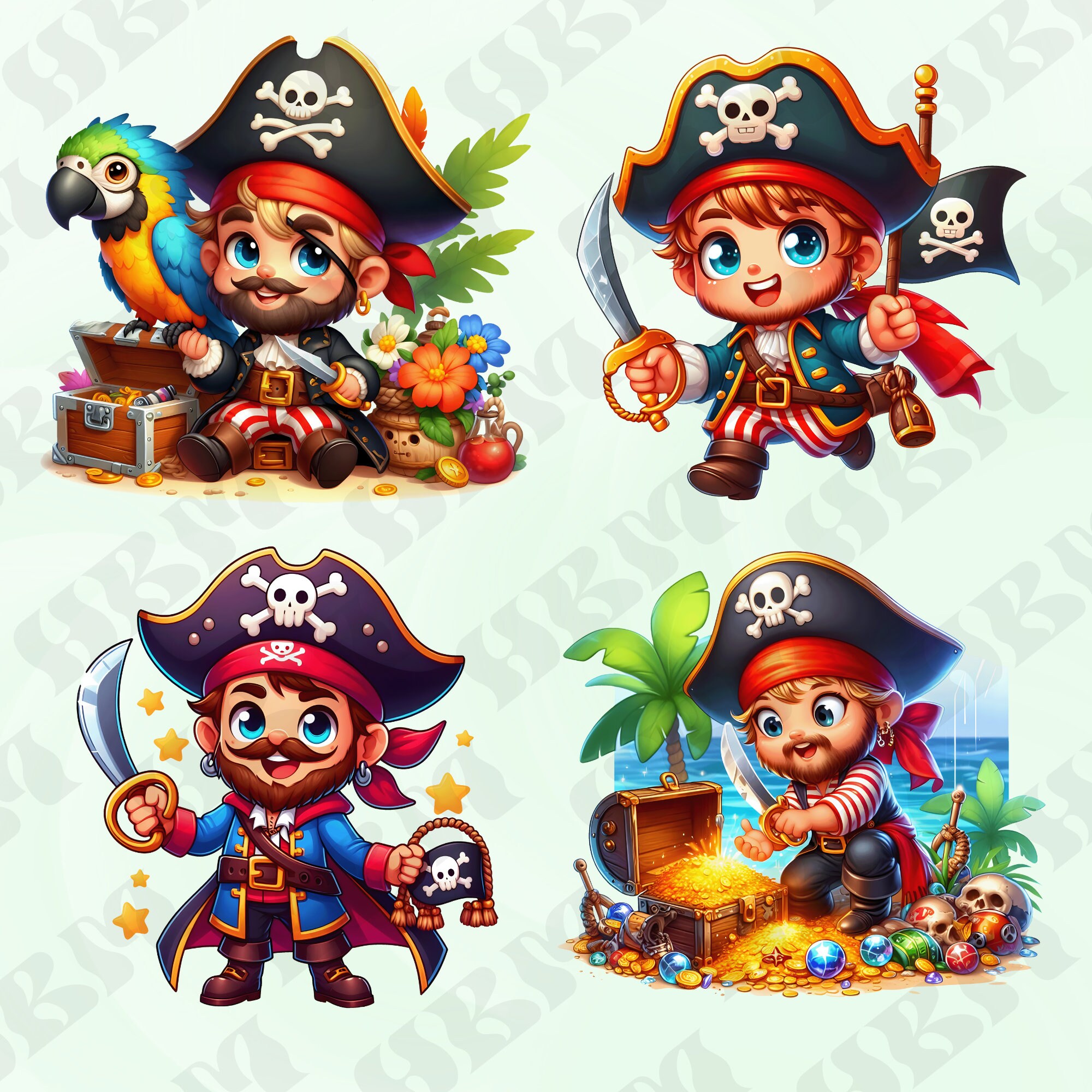 Cute Cartoon Pirate Clipart Bundle, Treasure Chest Sticker, Adorable ...