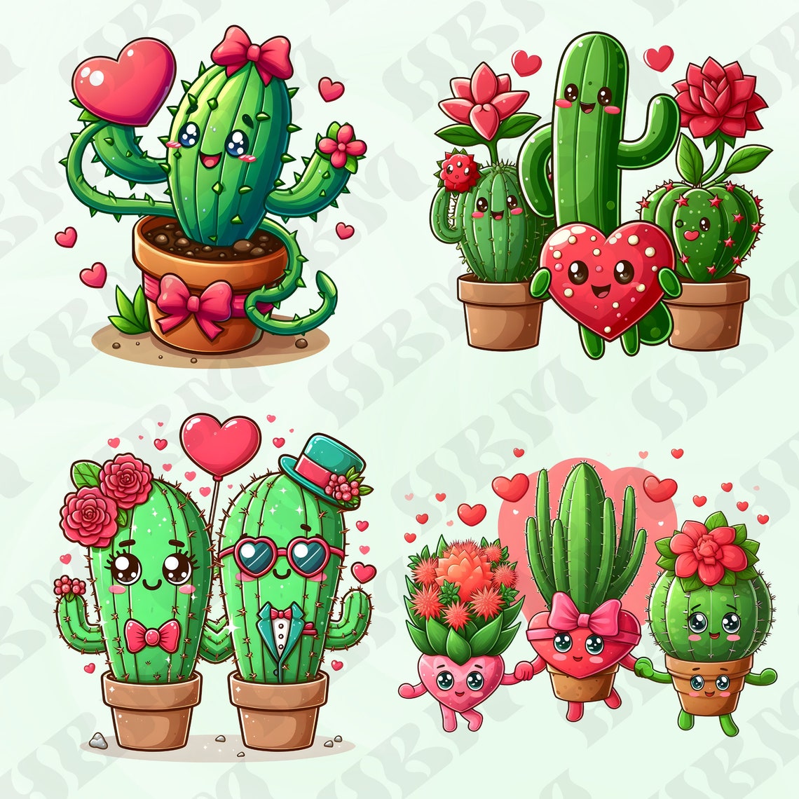 24 Cute Valentines Day Cactus Clipart Bundle, Cacti Card Making, Plant ...