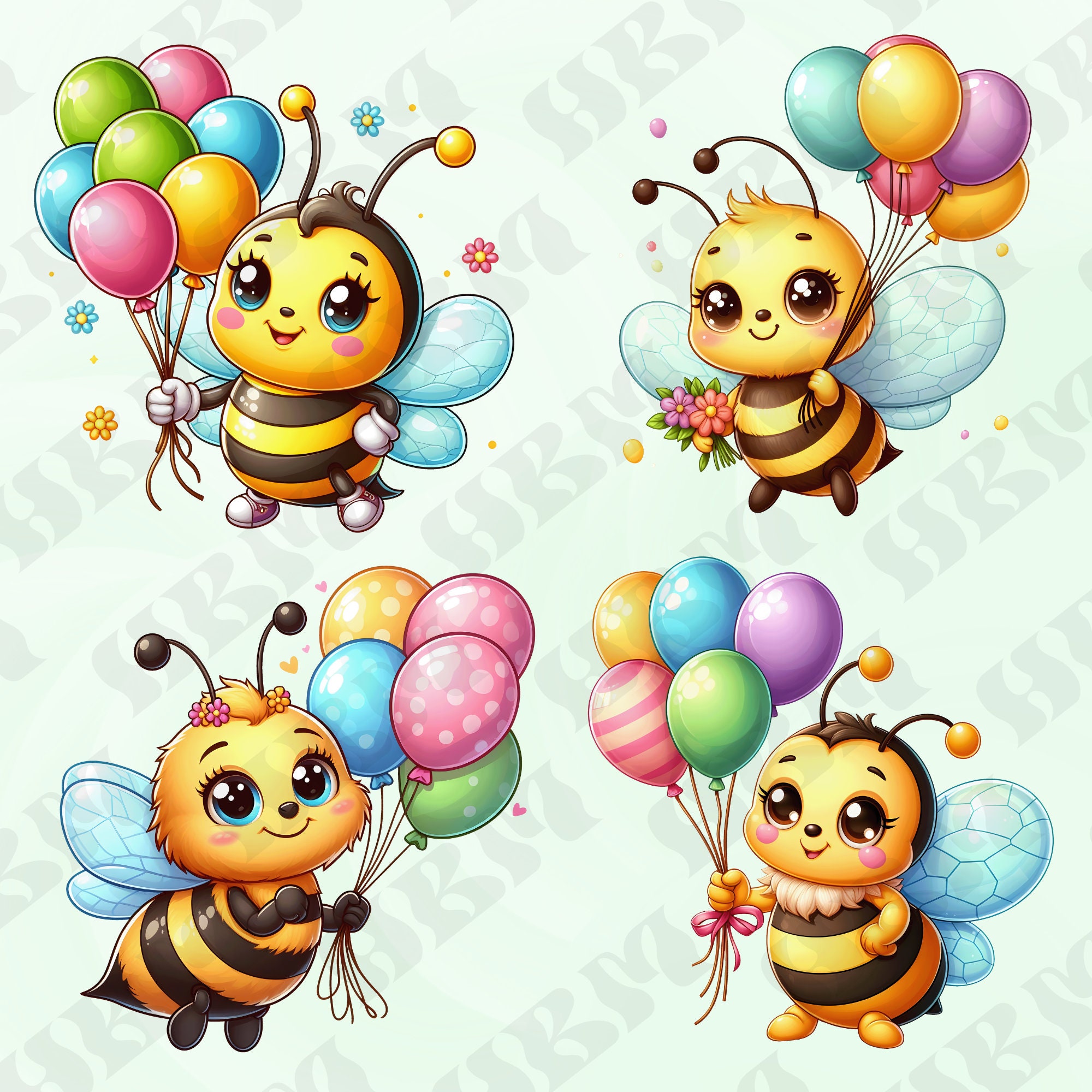 24 Cute Party Bee Clipart Bundle, Cartoon Balloon Sticker, Adorable ...
