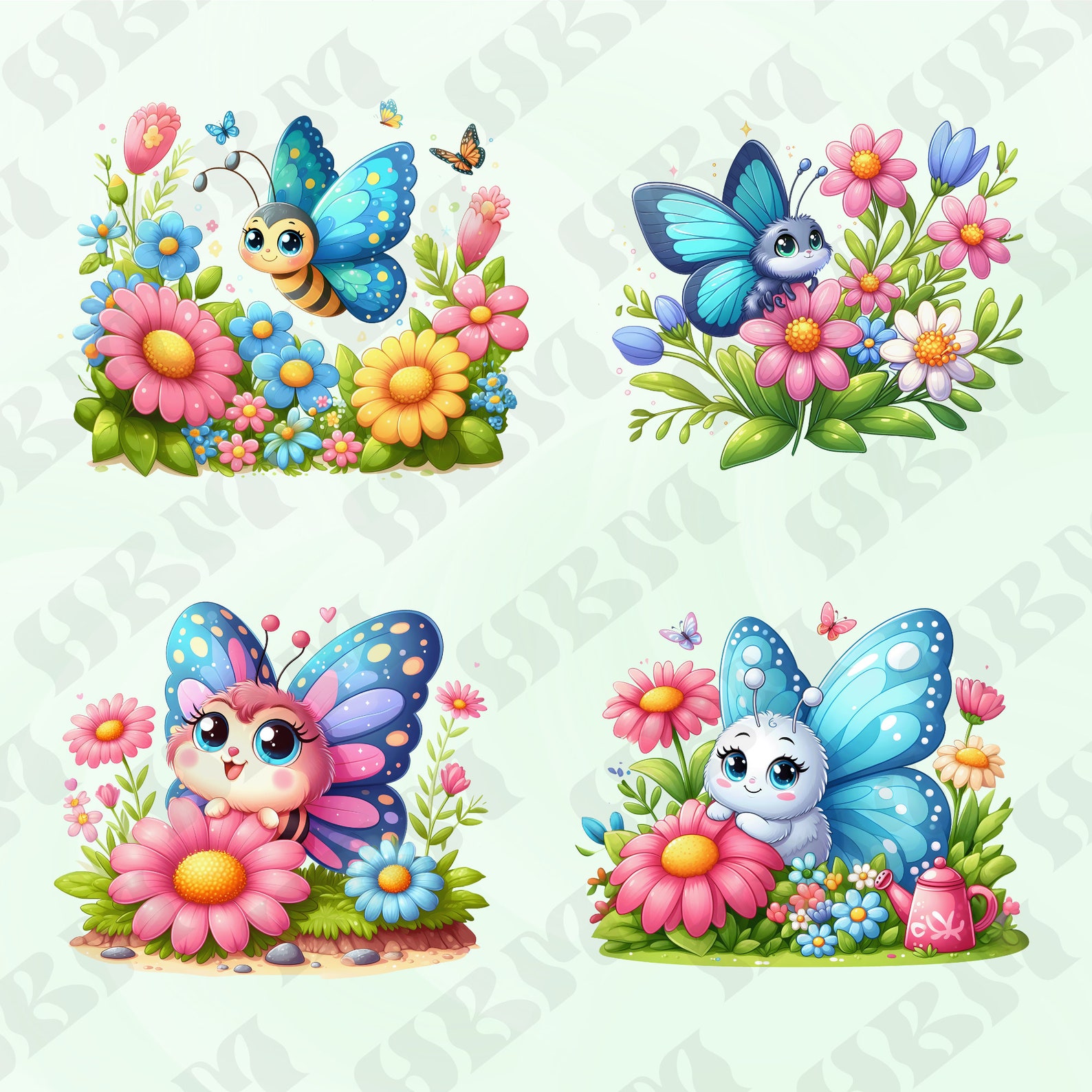 24 Cute Cartoon Spring Butterfly Clipart Bundle, Daisies Nursery Decor ...