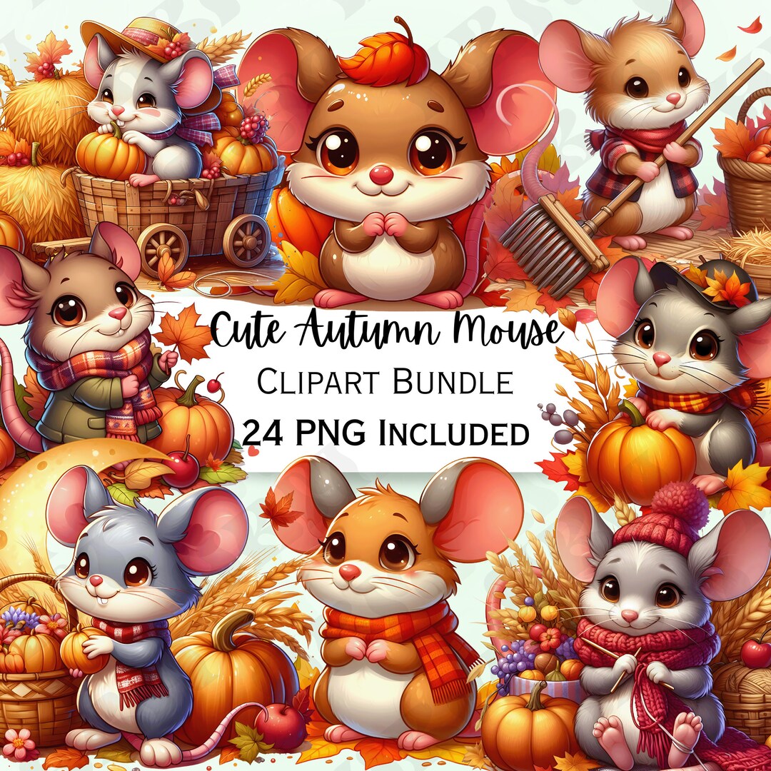 Cute Cartoon Autumn Mouse Clipart Bundle, Fall Nursery Decor, Leaves ...