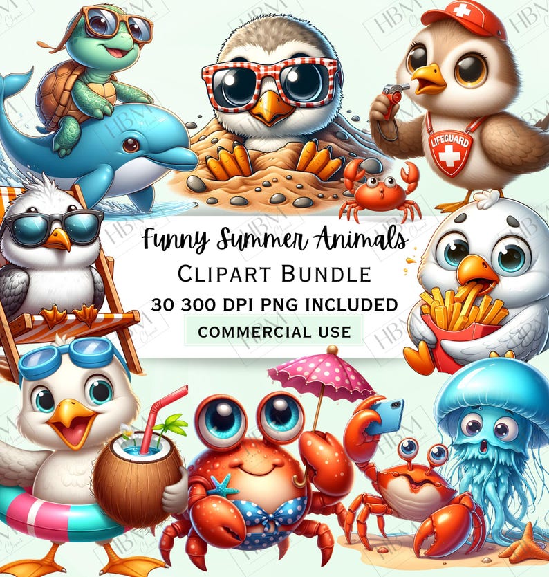 Funny Summer Animal Clipart Bundle, Beach Cartoon PNG, Tropical Digital ...