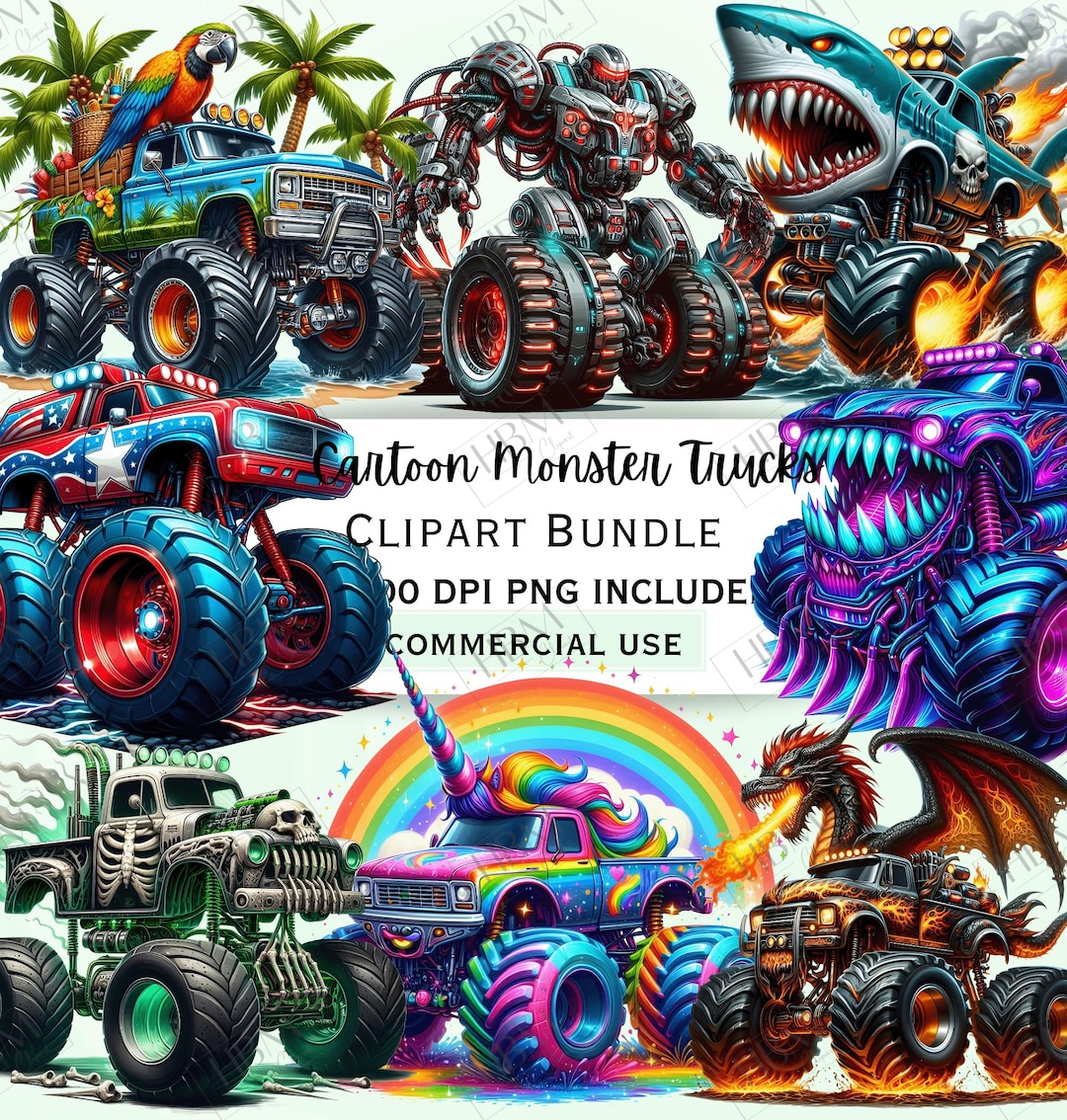 Cartoon Monster Trucks Clipart Bundle, Whimsical Offroad Vehicle ...