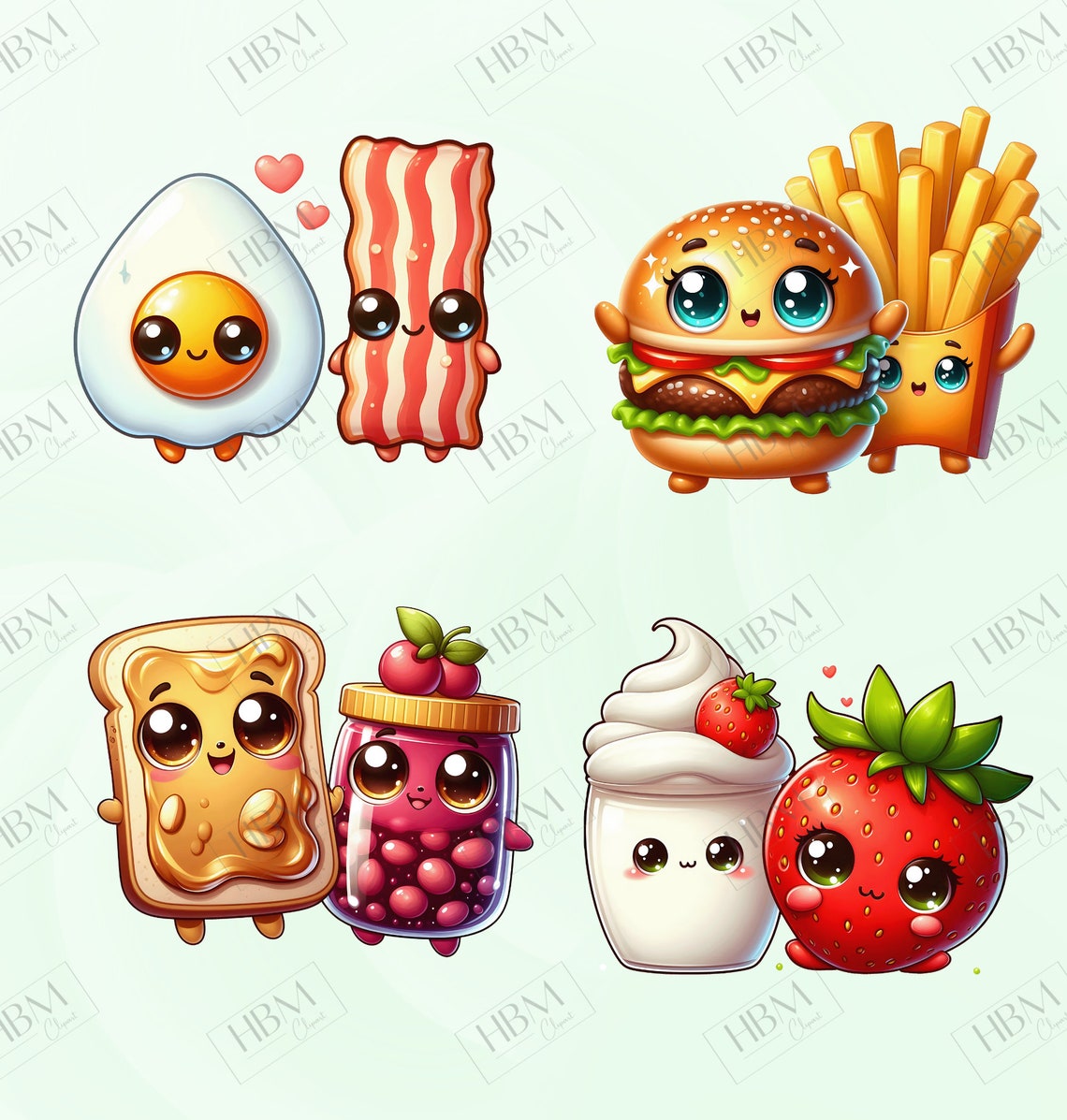 Cute Cartoon Food Pairs Clipart Bundle, Kawaii Fruit Sticker, Adorable ...