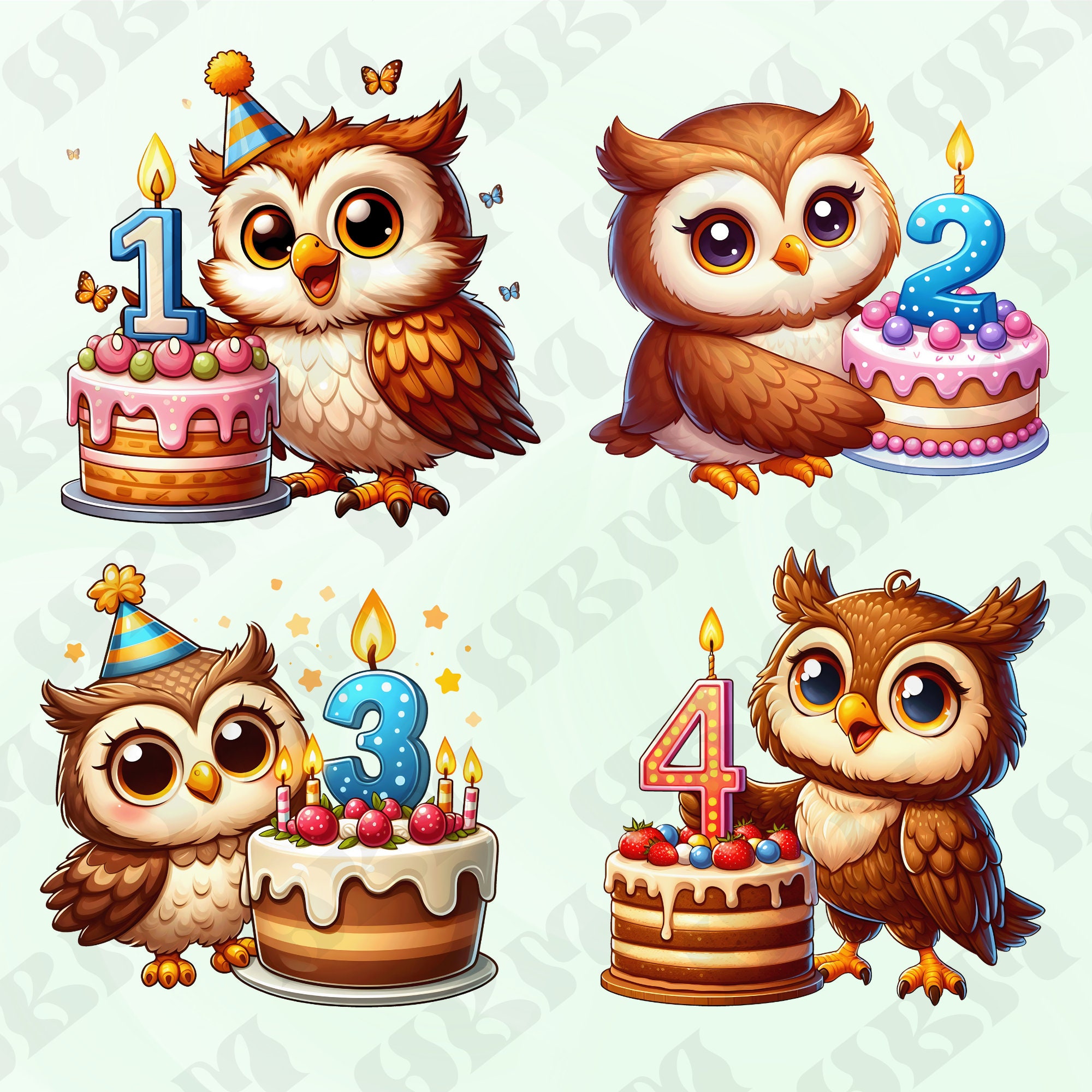 16 Cute Birthday Owl Clipart Bundle, Cartoon Cake Sticker, Adorable ...