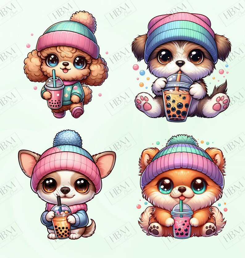 Cute Bubble Tea Puppies Clipart Bundle, Cartoon Boba Tea Nursery Decor ...