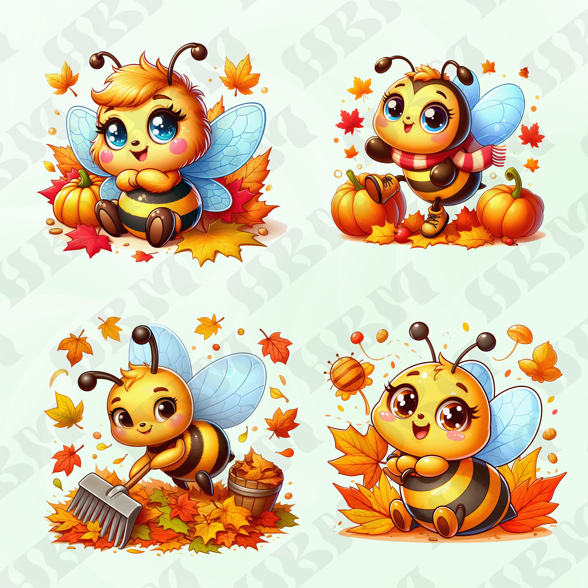 Cute Cartoon Autumn Bees Clipart Bundle, Fall Nursery Decor, Leaves ...