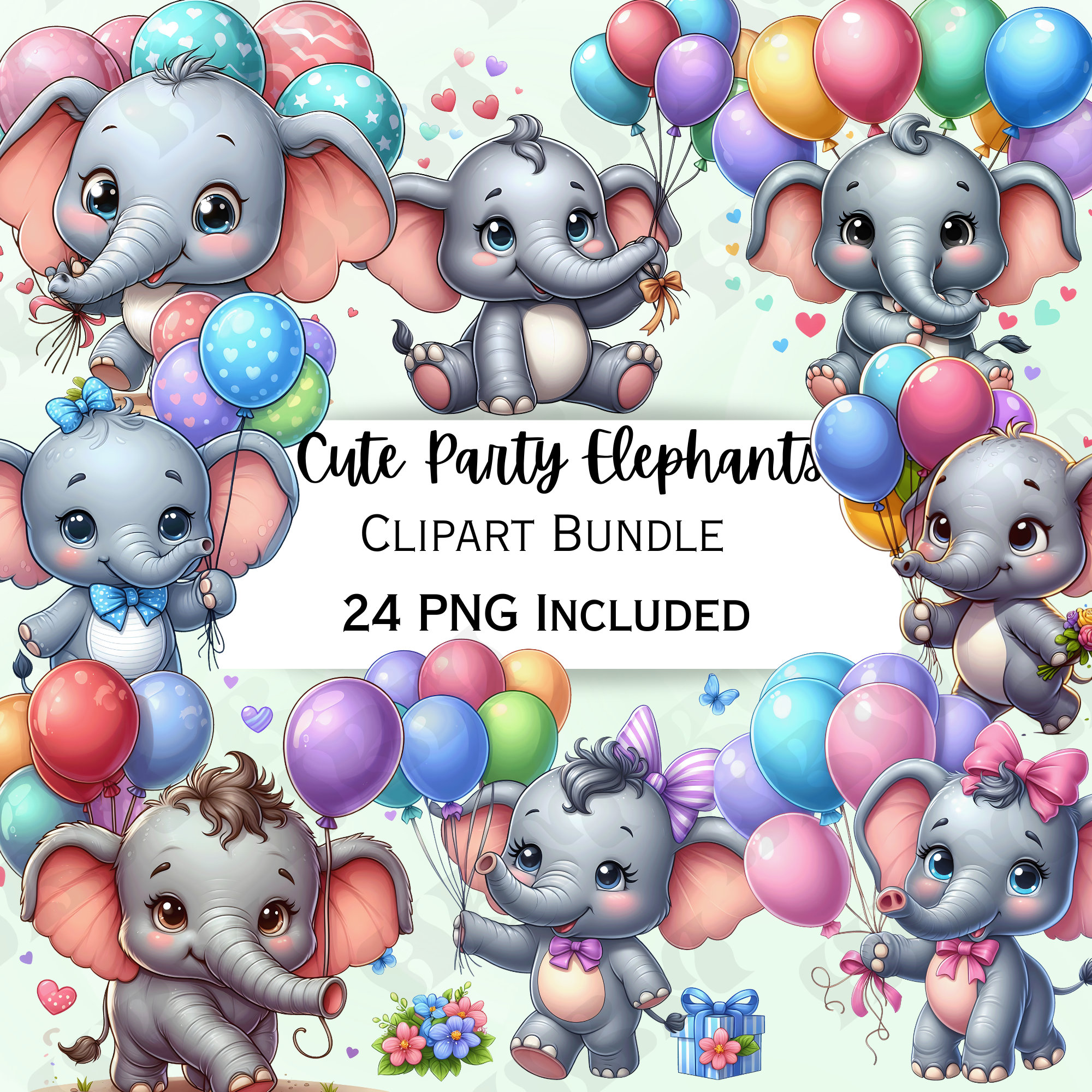 24 Cute Party Elephant Clipart Bundle, Cartoon Balloon Stickers ...