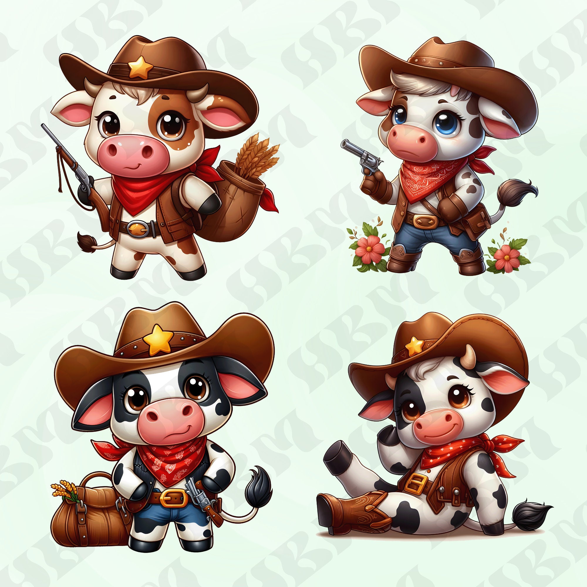 Cute Cartoon Western Cows Clipart Bundle, Funny Cowboy Sticker ...