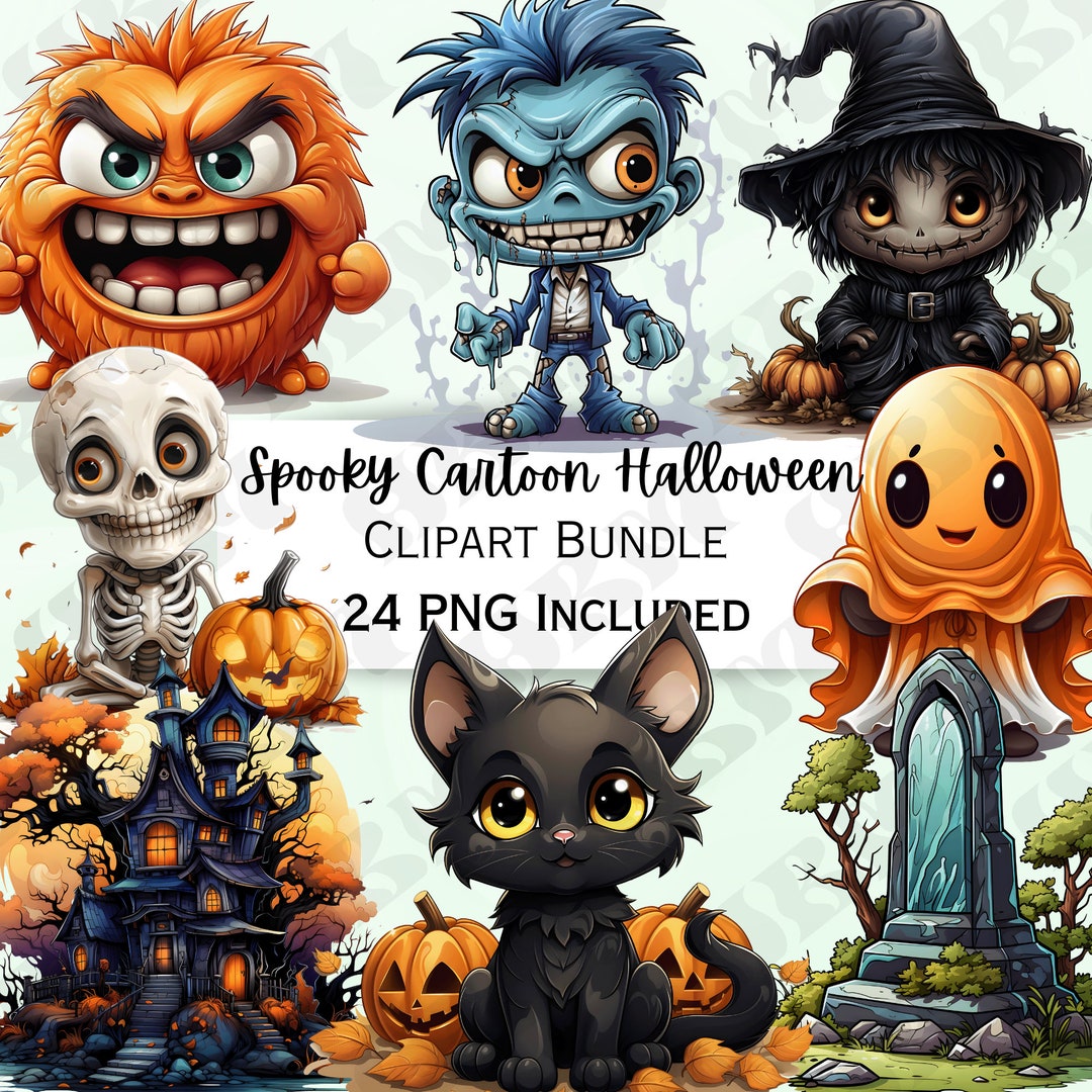 Spooky Cartoon Halloween Clipart Bundle, Pumpkin Stickers, Adorable ...