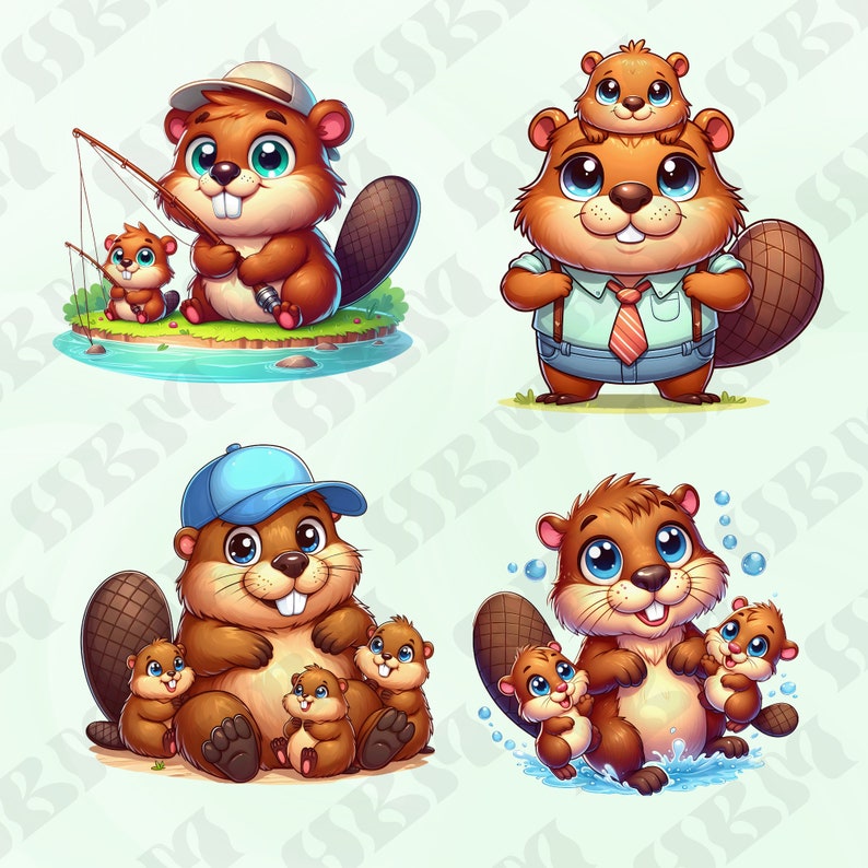 Cute Father's Day Beavers Clipart Bundle, Sweet Cartoon Woodland ...