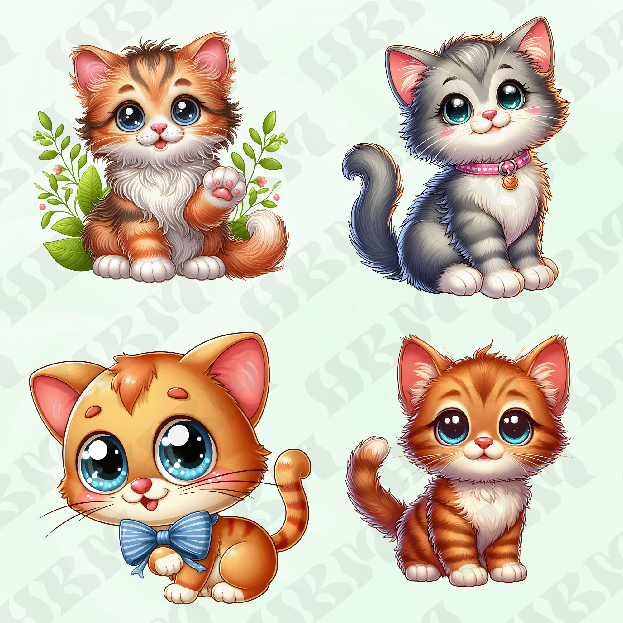 24 Cute Cartoon Cats Clipart Bundle, Kitten Stickers, Adorable Wall Art ...