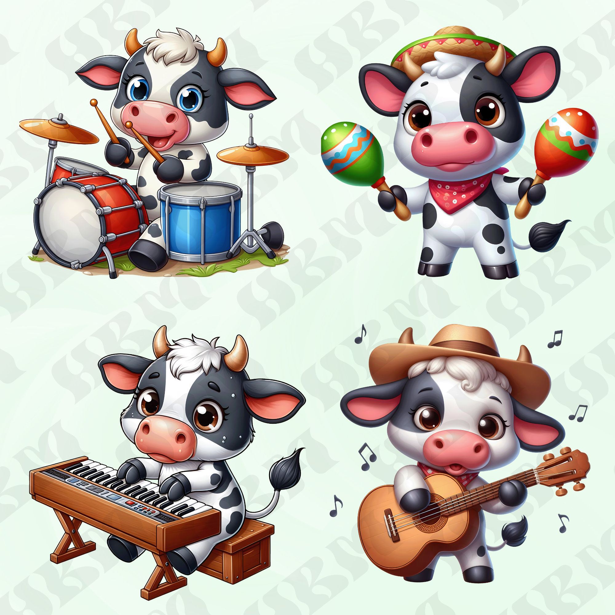 24 Cute Cartoon Cows Playing Instruments Clipart Bundle, Bull Stickers ...