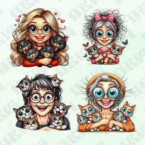 Funny Crazy Cat Lady Clipart Bundle, Witty Stickers, Whimsical Cartoon ...