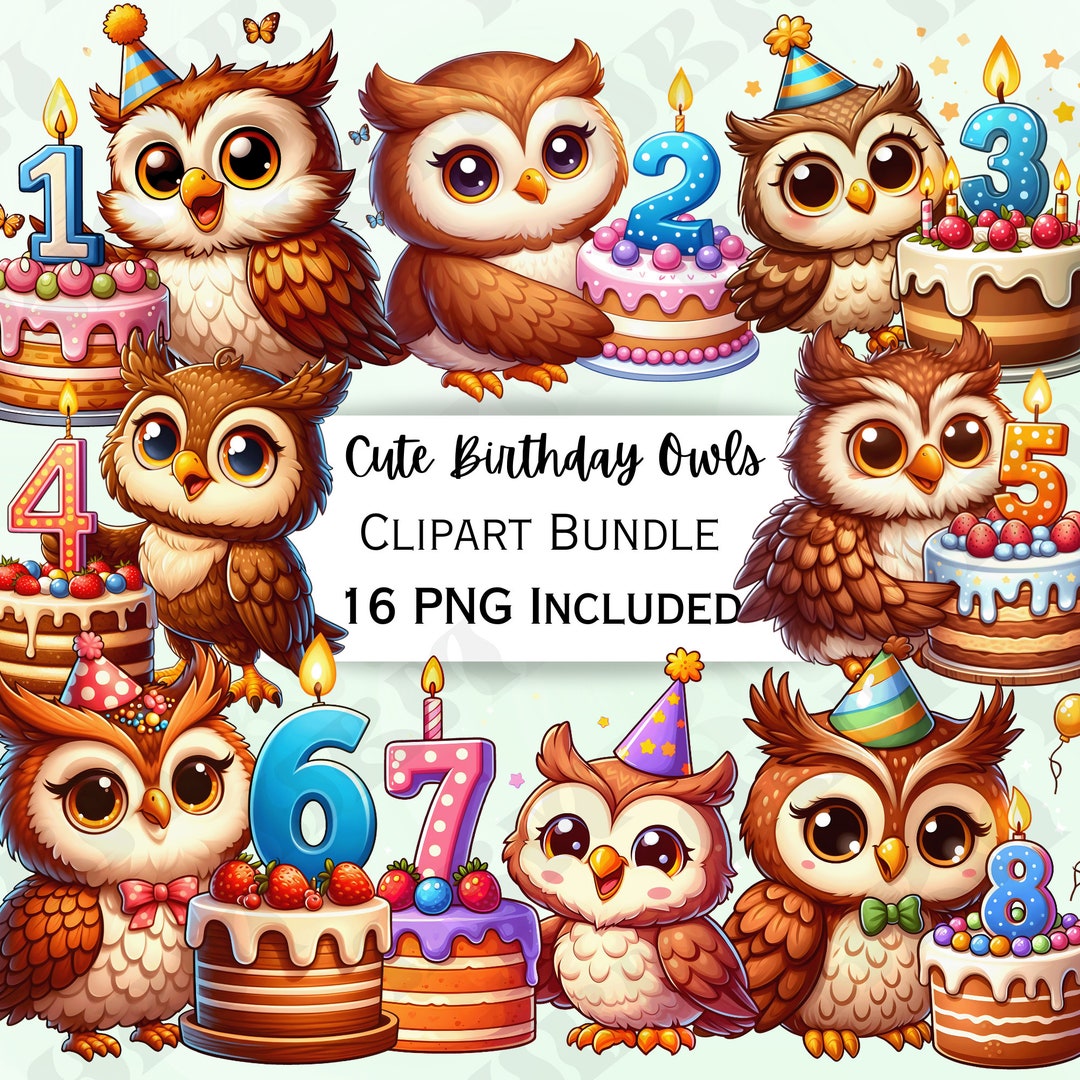 16 Cute Birthday Owl Clipart Bundle, Cartoon Cake Sticker, Adorable ...