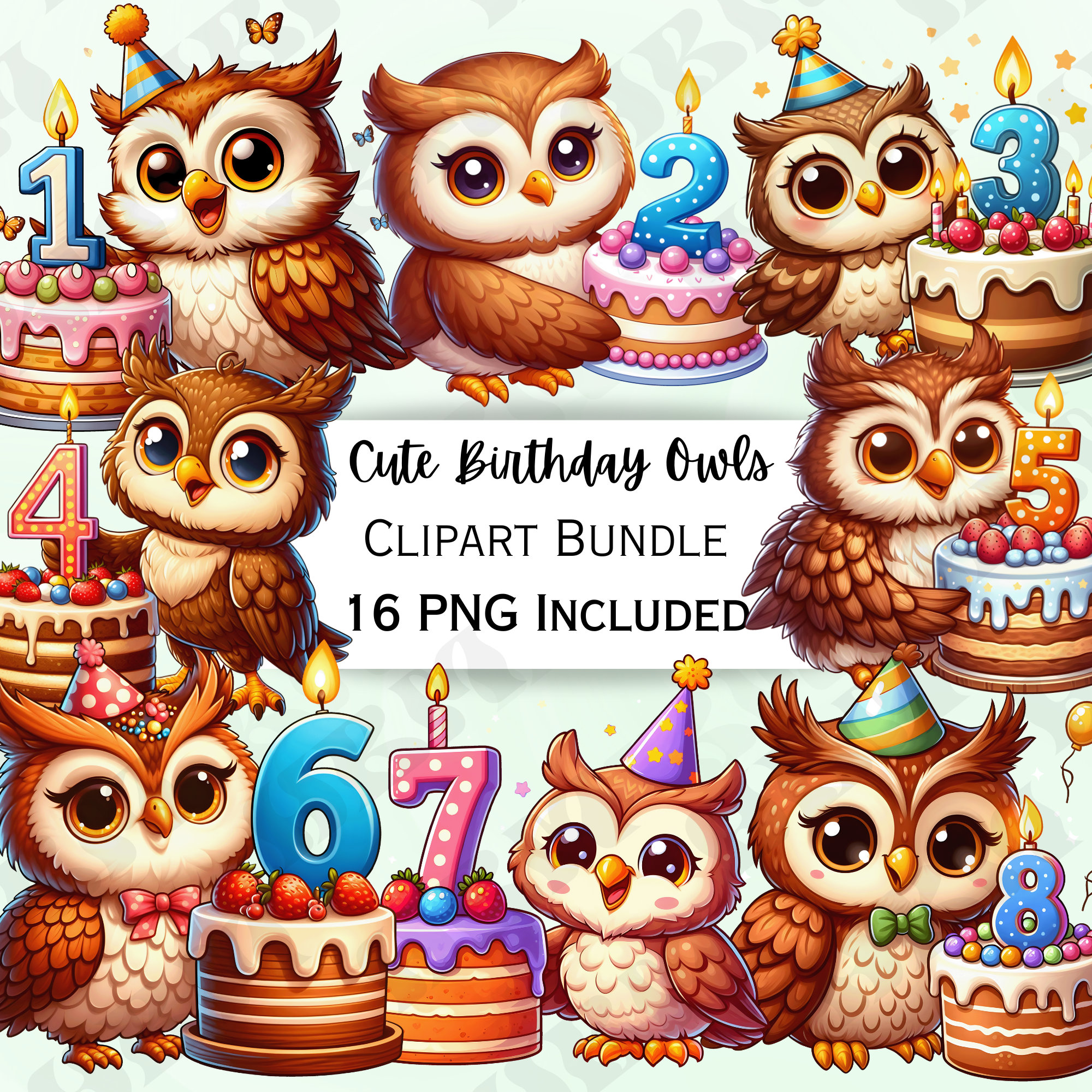 16 Cute Birthday Owl Clipart Bundle, Cartoon Cake Sticker, Adorable ...