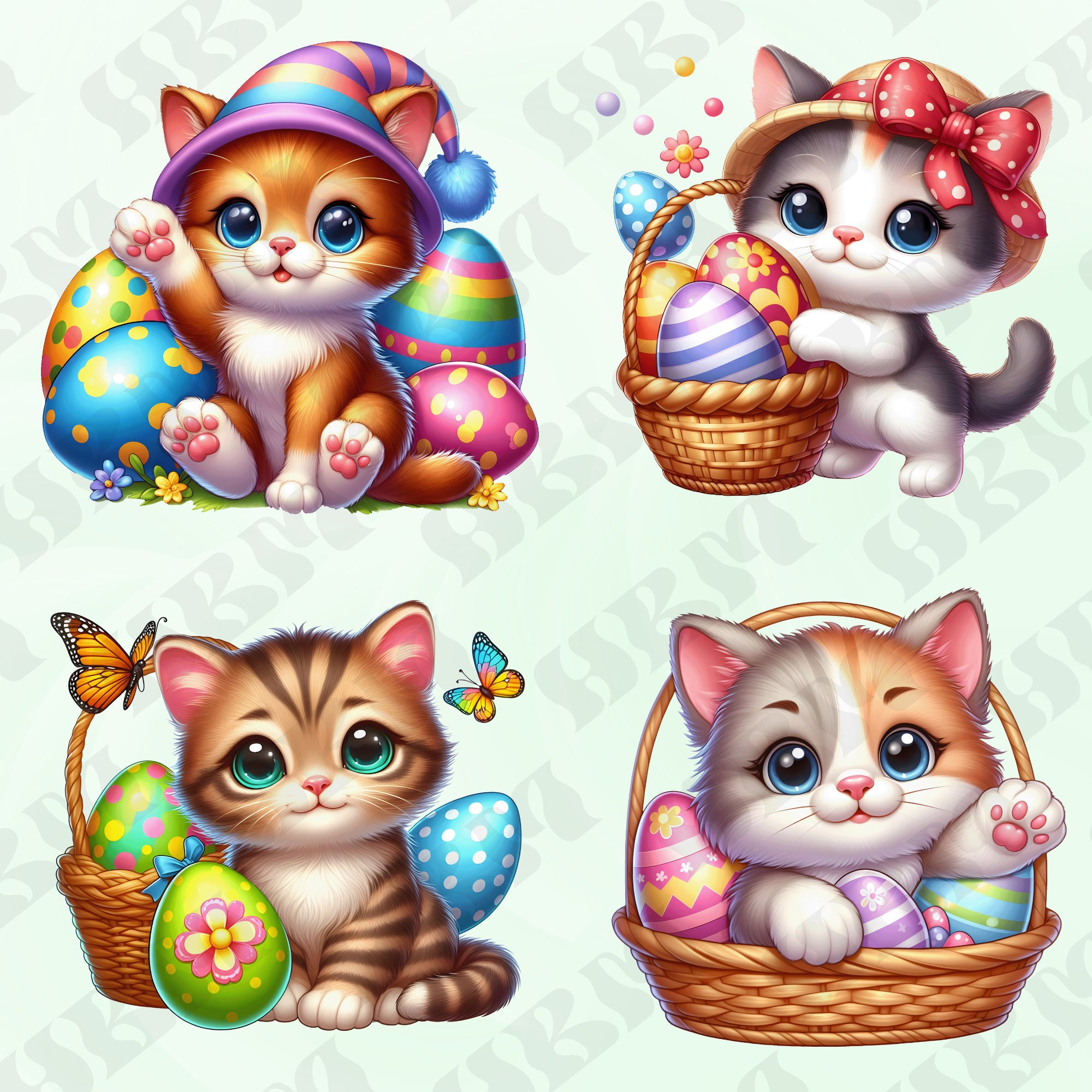 25 Cute Easter Kittens Clipart Bundle, Cat Stickers, Adorable Baby Wall ...