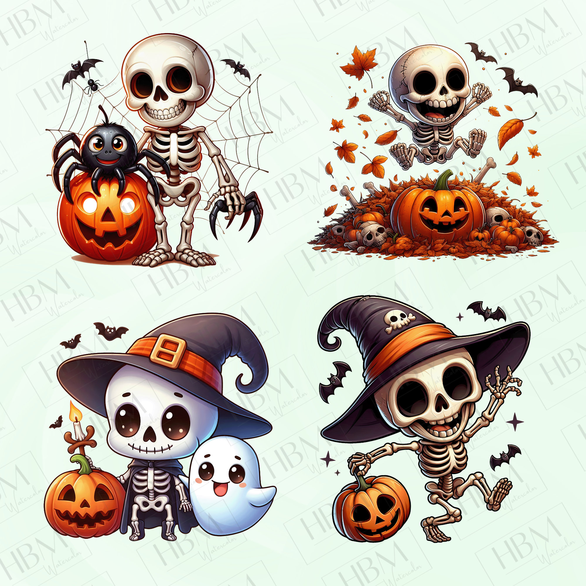 Cute Cartoon Halloween Skeleton Clipart Bundle, Spooky Bones Stickers ...