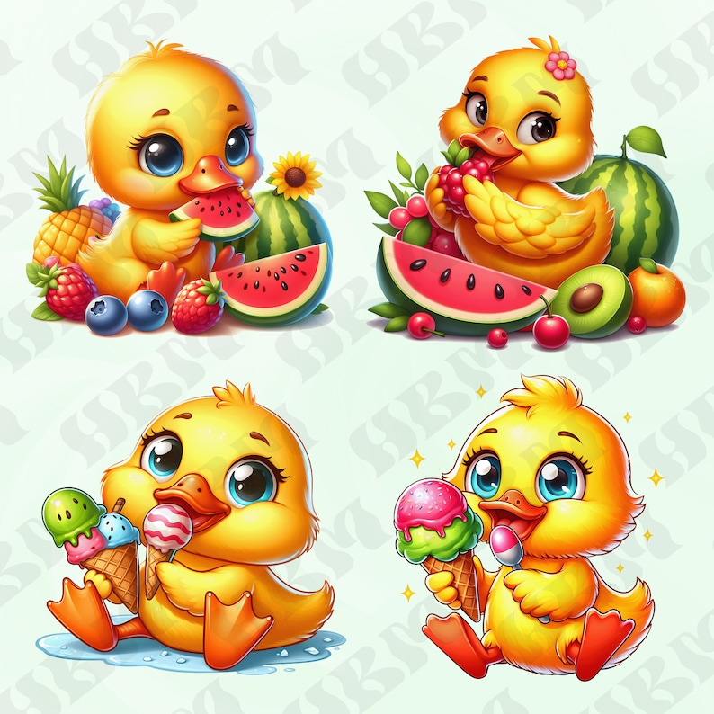 Summer Yellow Ducks Cartoon Clipart Bundle, Cute Bird Stickers ...