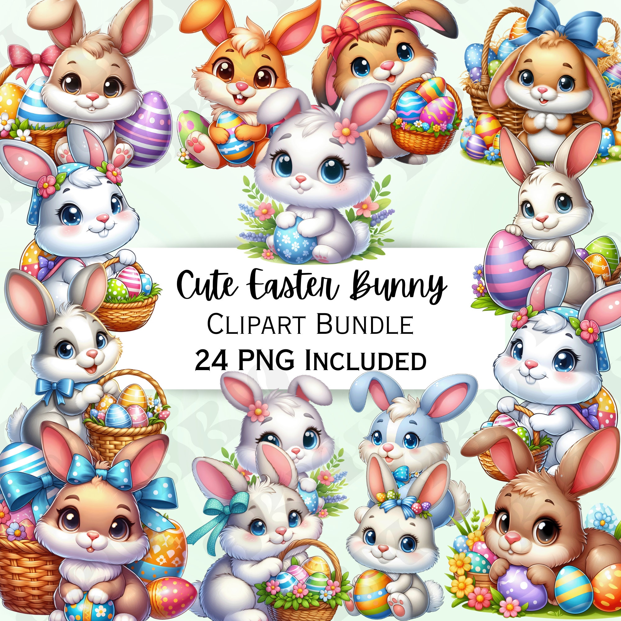24 Cute Easter Bunny Clipart Bundle, Rabbit Stickers, Adorable Baby ...