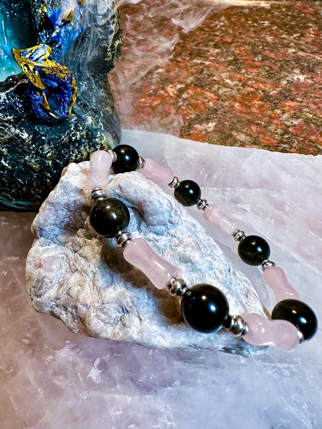 Golden Sheen Obsidian & Rose Quartz Healing Bracelet, Meditation ...