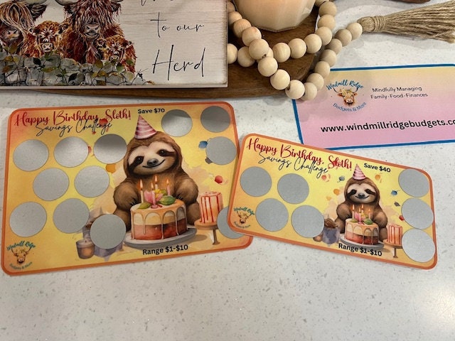 Happy Birthday Sloth Saving Scratch-off Challenge for A5 and A6 Budget ...