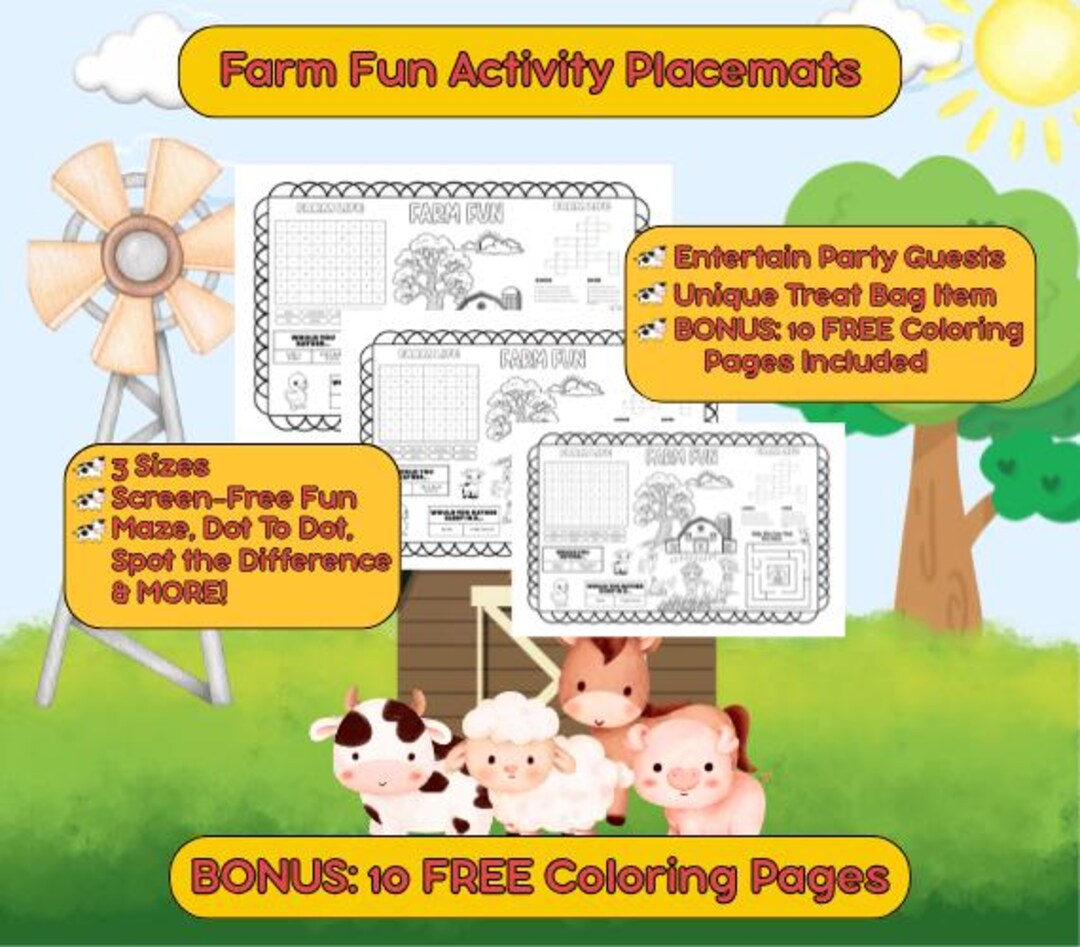Farm Fun Activity Placemat Bundle, Party Favor, FREE Bonus Coloring ...