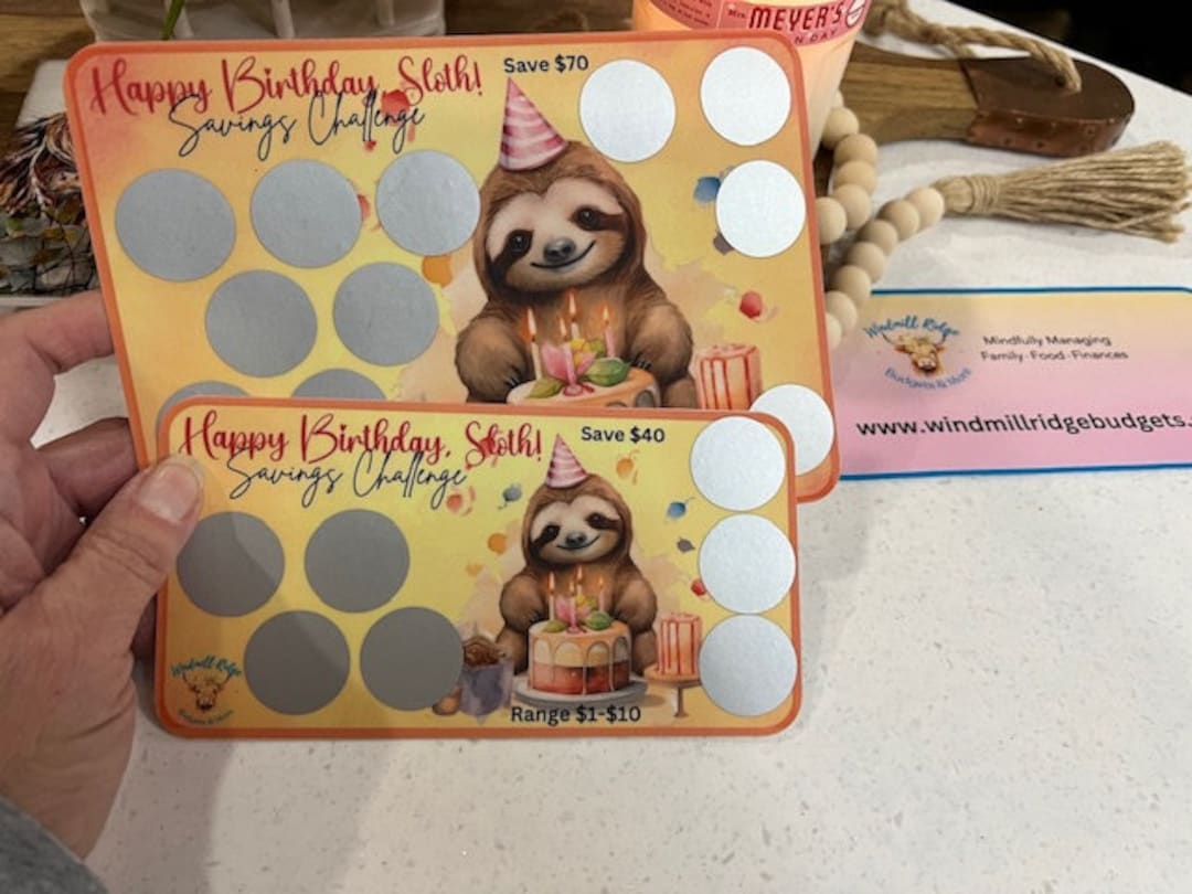 Happy Birthday Sloth Saving Scratch-off Challenge for A5 and A6 Budget ...