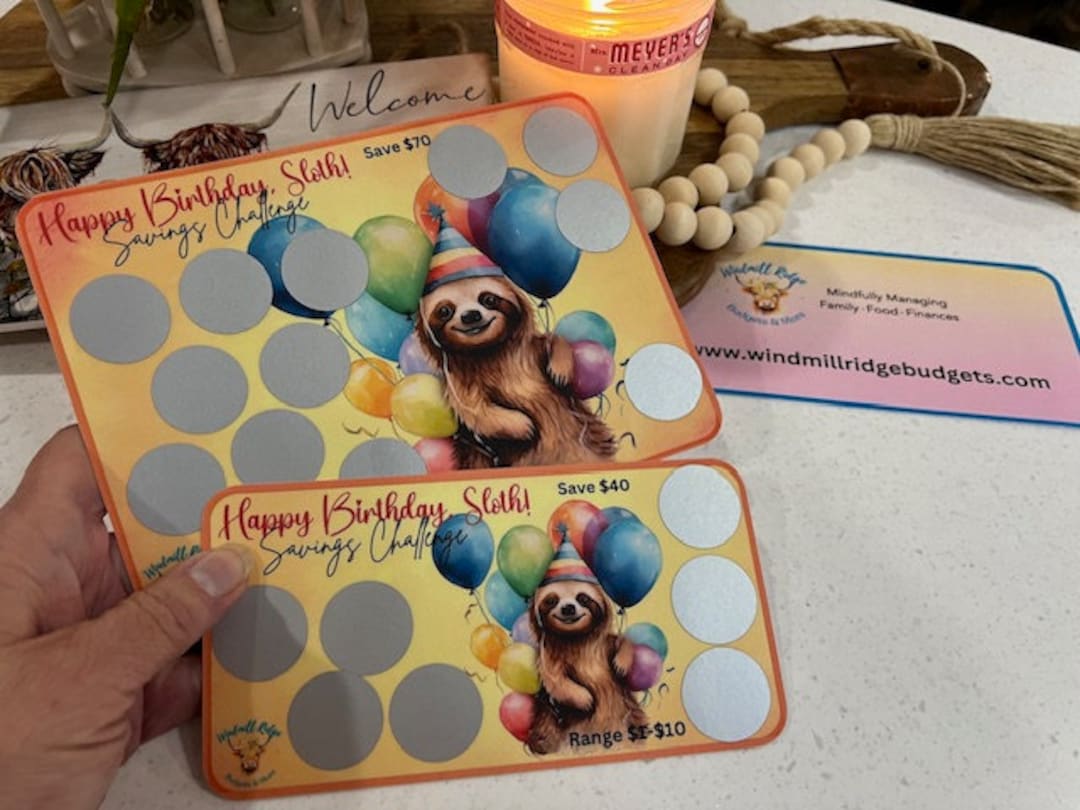 Happy Birthday Sloth With Balloons Saving Scratch-off Challenge for A5 ...