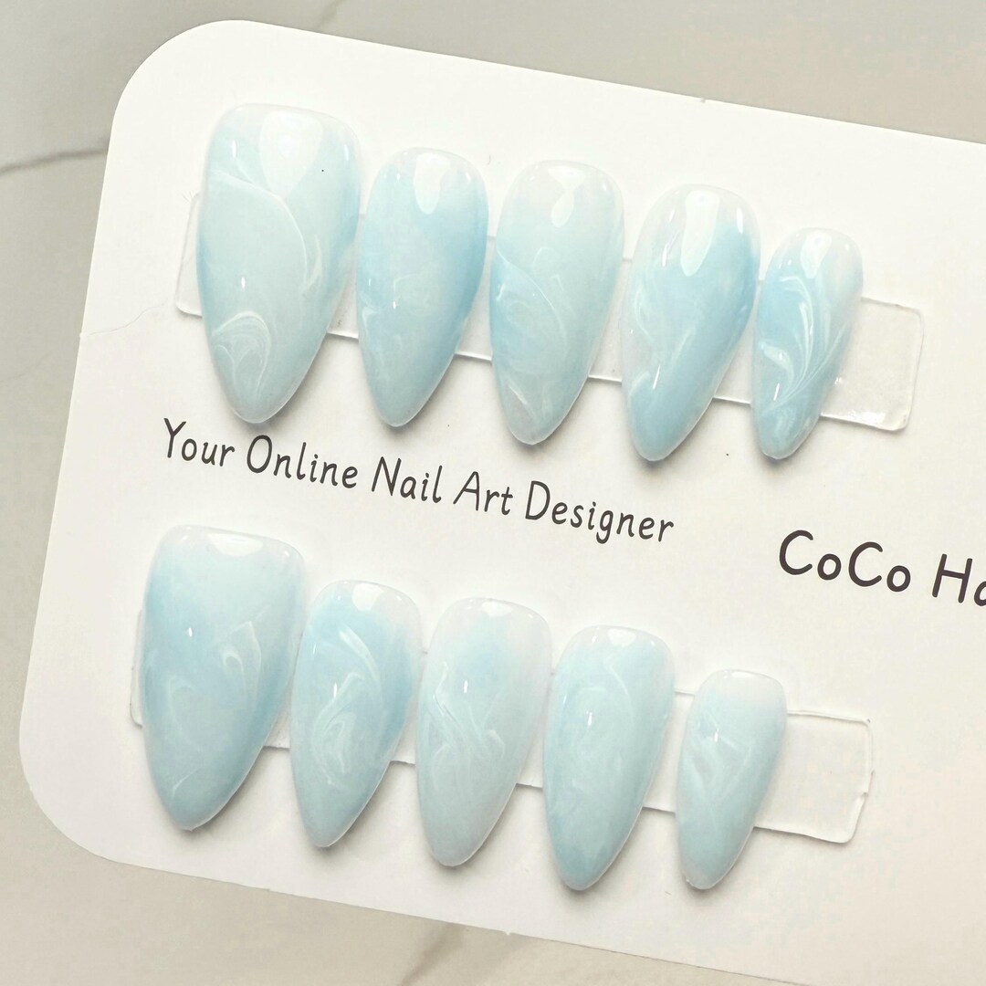 Reusable Blue Ocean Press on Nails Gel Manicure | Fake Nails | Handmade | Press-on Nails | Long ...