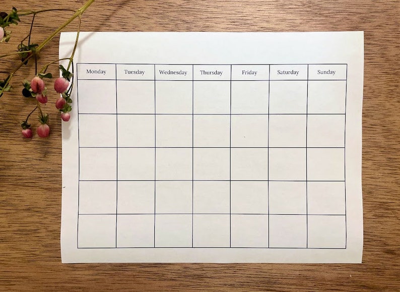 Undated Monthly Calendar 3 Hole Punch Margins Printable 2 Pdfs: Monday ...