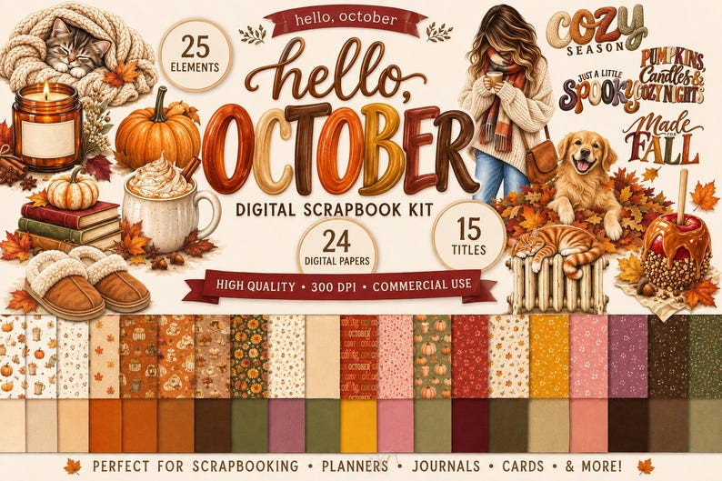 Hello October Digital Scrapbook Kit, Fall Planner Stickers, Autumn ...