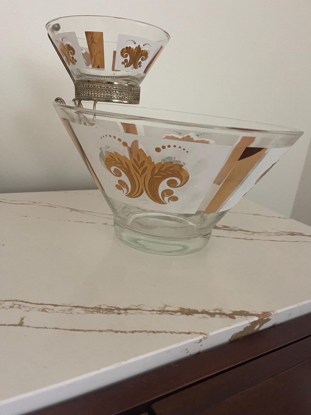 Vintage Anchor Hocking Chip and Dip Bowl: Fleur De Lis Gold Glass MCM ...