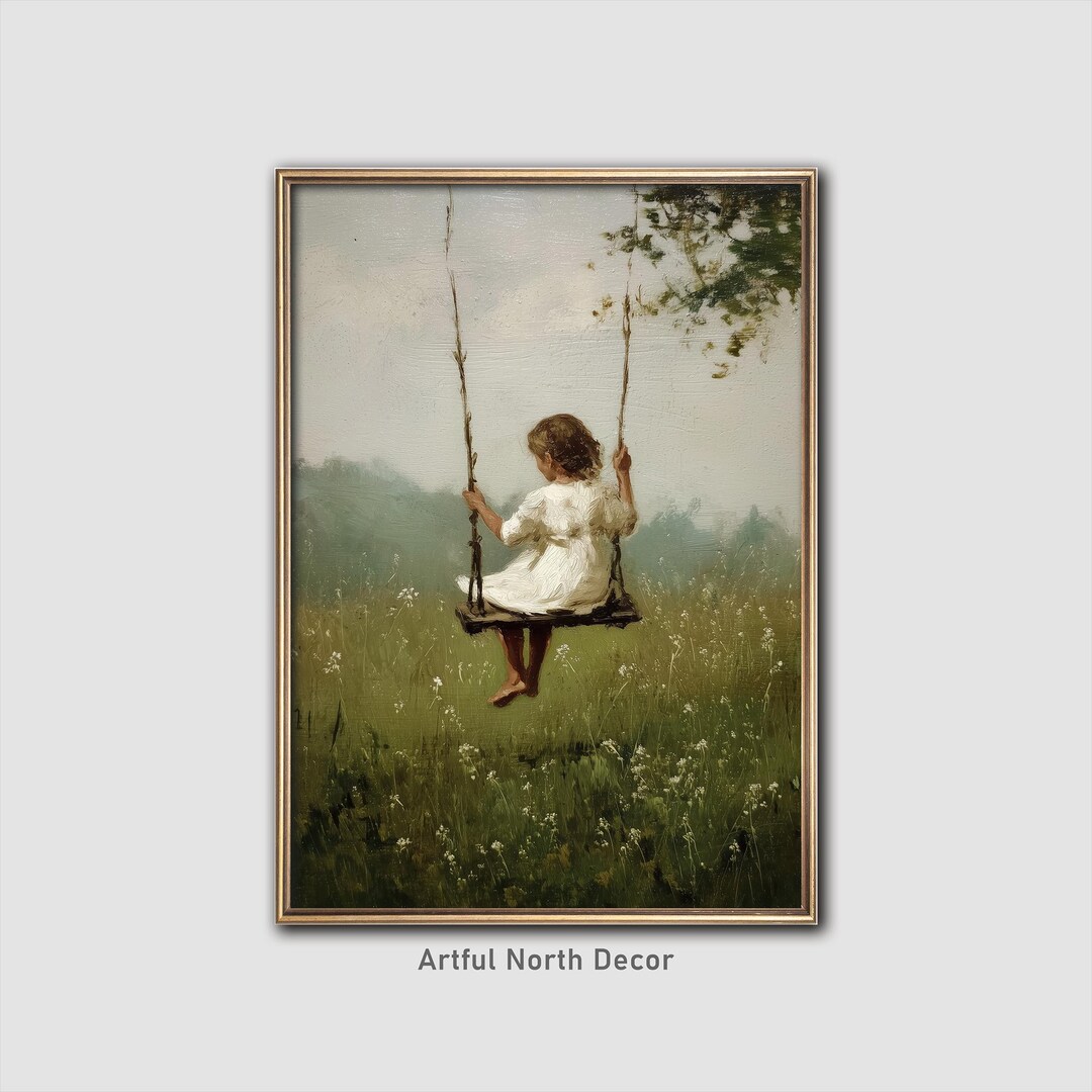 Girl on Swing Vintage Oil Painting: Cottagecore Farmhouse Wall Art ...