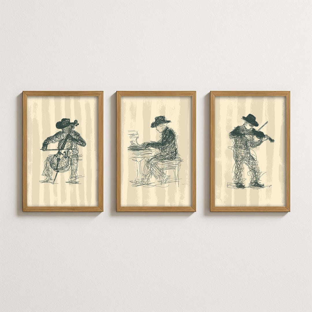 Moody Cowboy Piano Trio – 3 Piece Wall Art Set: Scribble Sketch Western ...