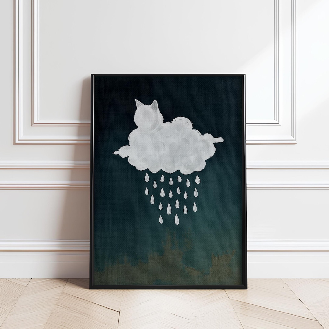 Cat Shaped Cloud Cottagecore Art Print | Whimsical Rainy Day Wall Decor ...