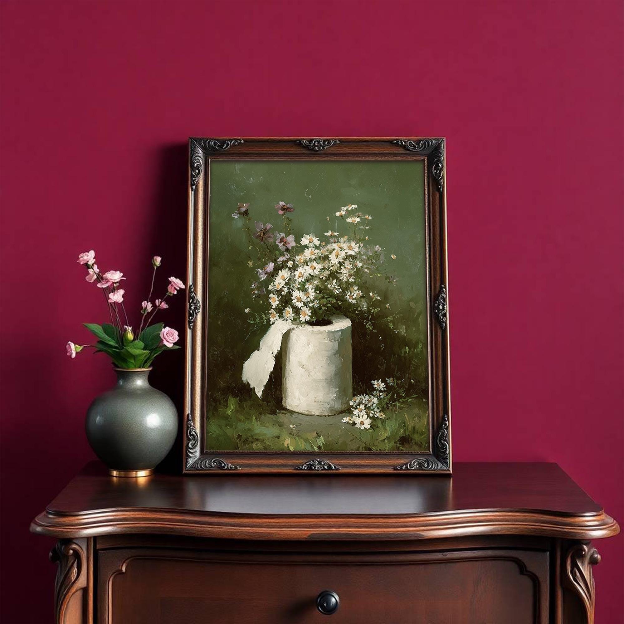 Sage Green Floral Toilet Paper Vase Print: Whimsical Bathroom Wall Art ...