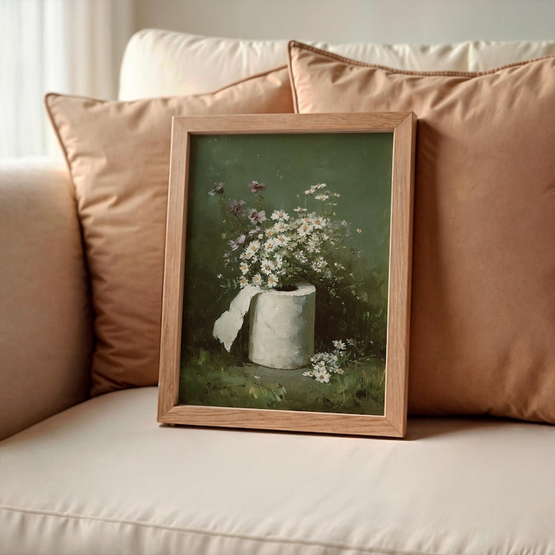 Sage Green Floral Toilet Paper Vase Print: Whimsical Bathroom Wall Art ...