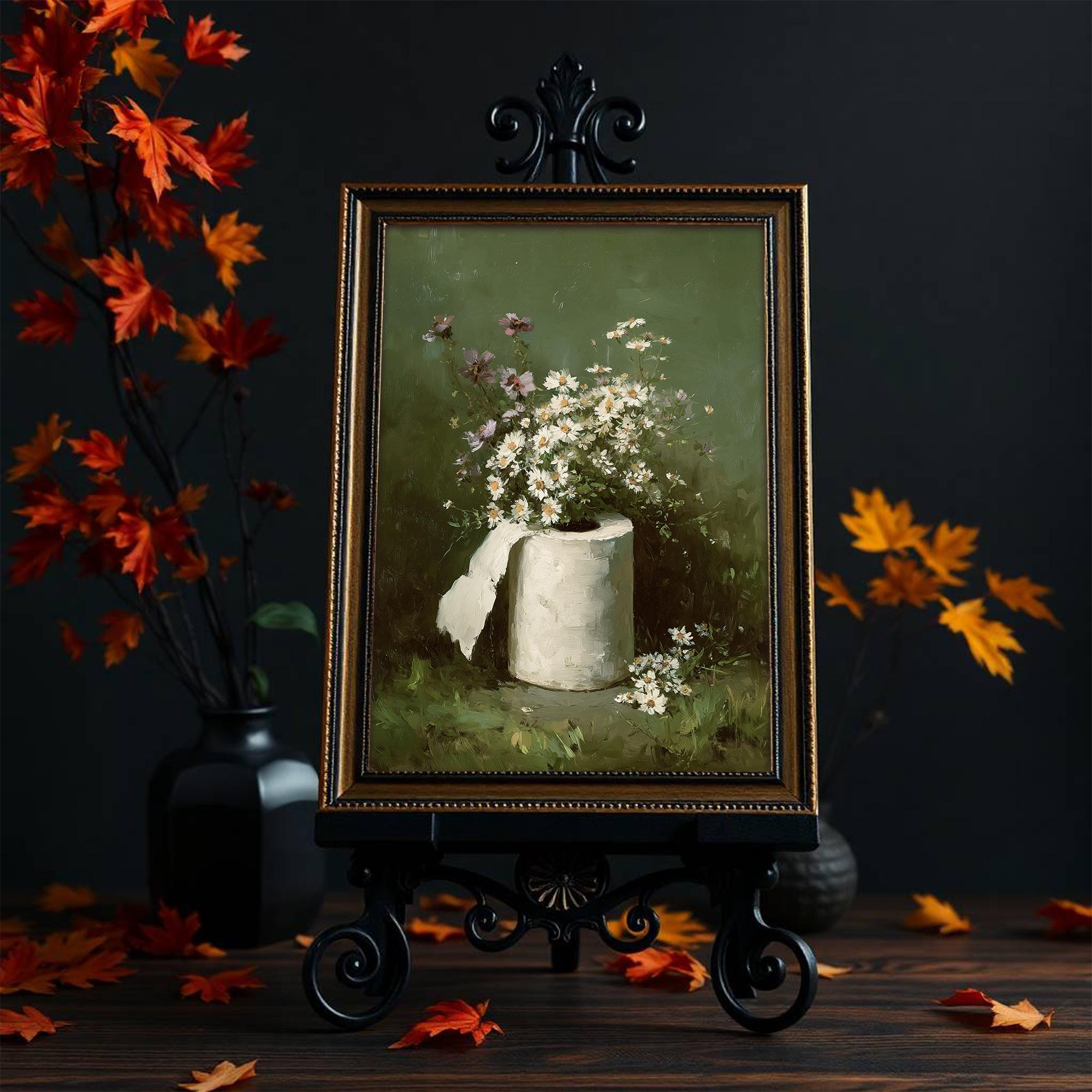 Sage Green Floral Toilet Paper Vase Print: Whimsical Bathroom Wall Art ...
