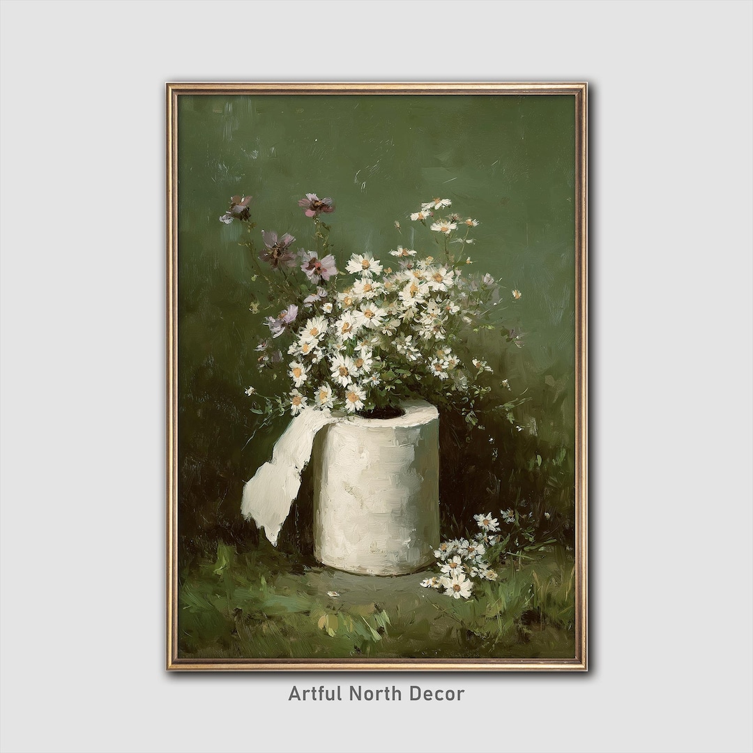 Sage Green Floral Toilet Paper Vase Print: Whimsical Bathroom Wall Art ...
