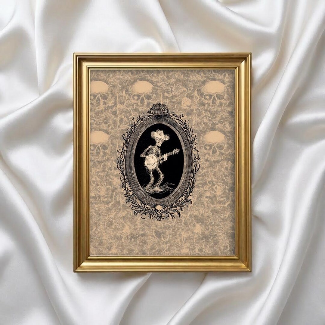 Banjo Skeleton Cowboy – Western Gothic Music Scribble Art in Vintage ...
