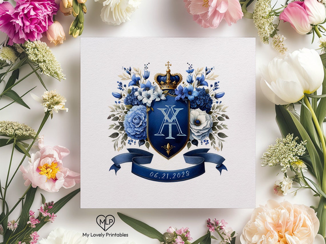 Royal Blue Elegance Watercolor Crest - Interlocked Monogram With Crown ...
