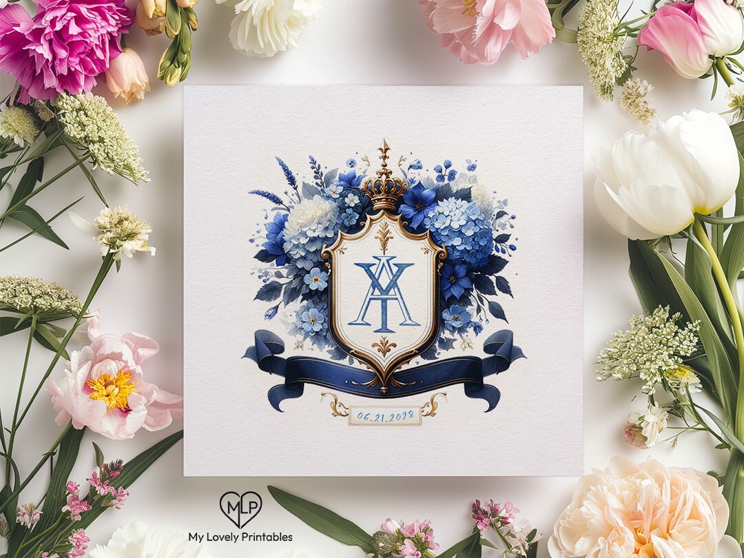 Cerulean Grandeur Watercolor Crest - Monogram With Hydrangeas and Royal Crown for Floral Wedding ...