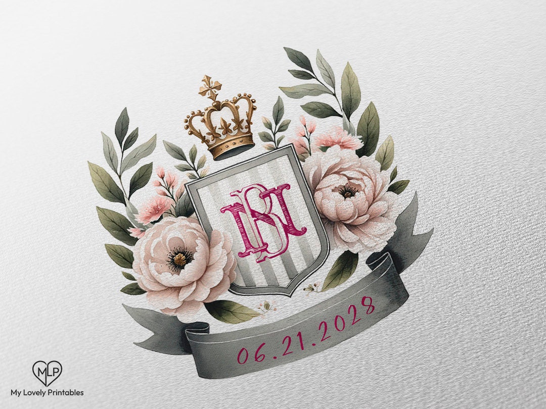 Regal Peony Watercolor Crest - Interlocking Monogram With Crown and ...