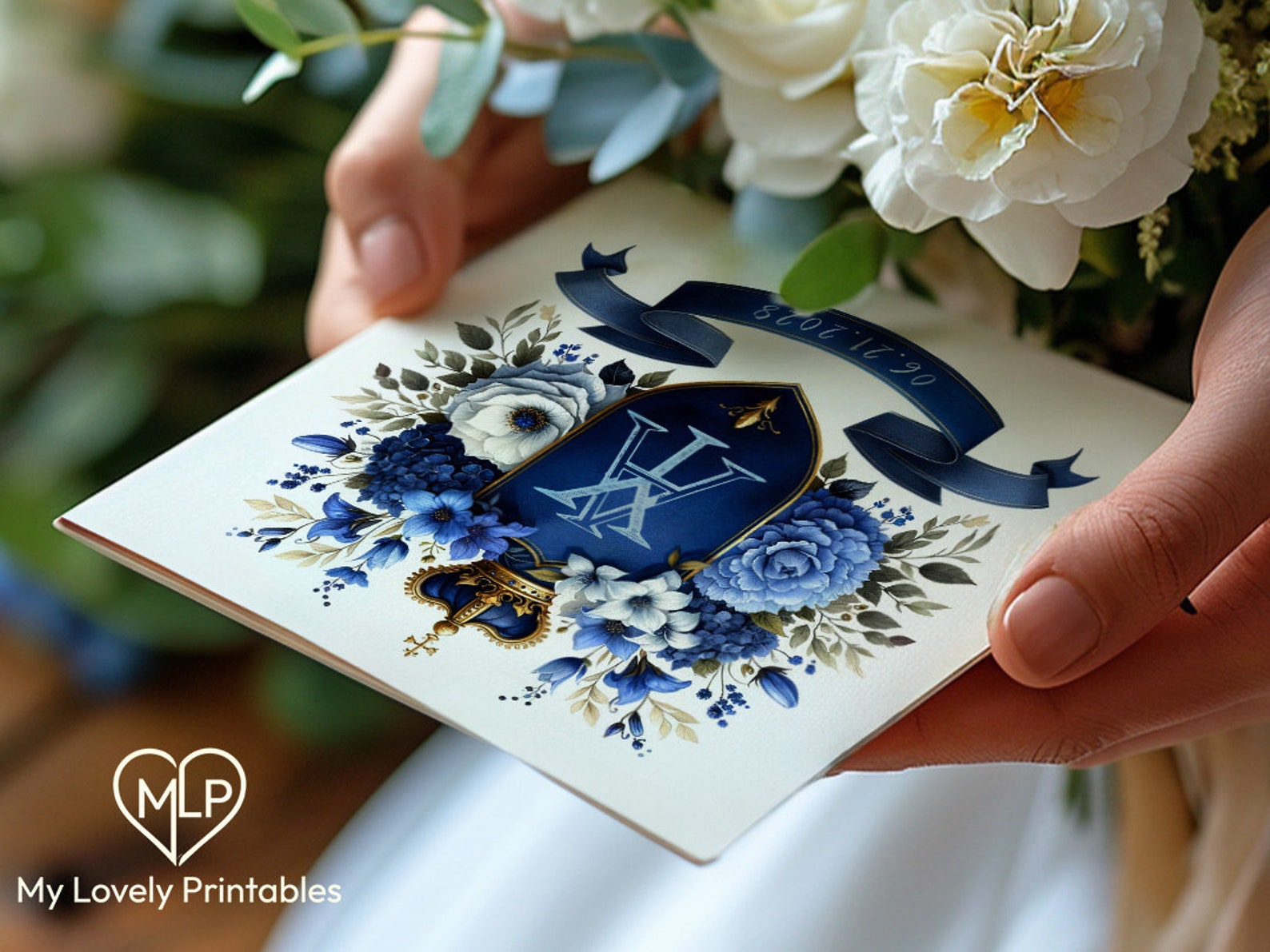 Royal Blue Elegance Watercolor Crest - Interlocked Monogram With Crown ...