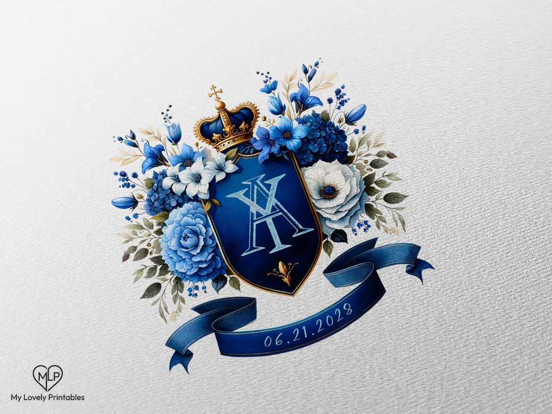 Royal Blue Elegance Watercolor Crest - Interlocked Monogram With Crown ...